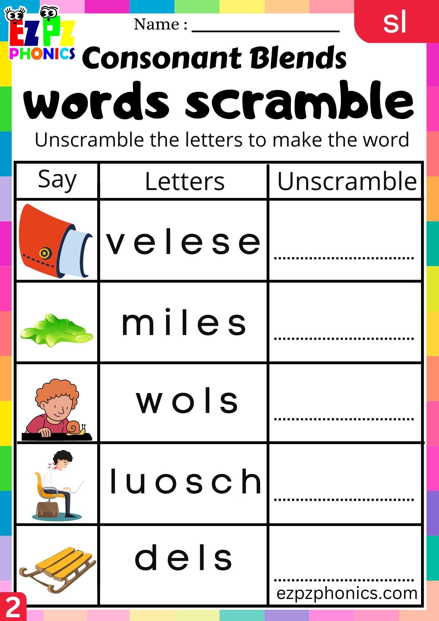 Group2 Sl Words Words Scramble Phonics Consonant Blends Worksheet
